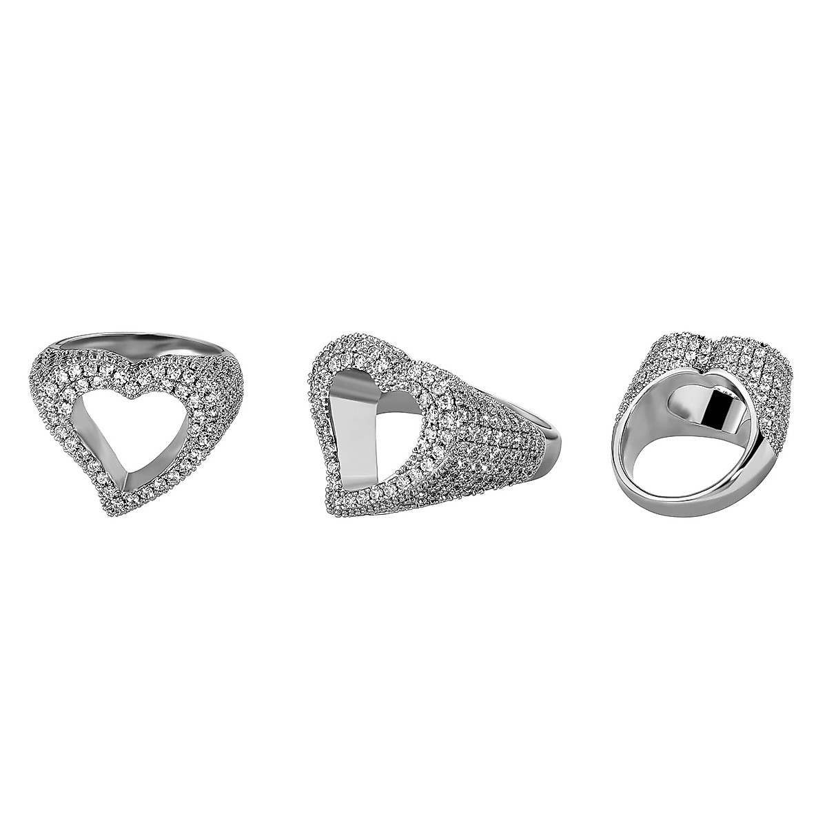 JINAO Hollow Heart Ring 14K Gold Plated Iced Out Lab Simulated Diamond Cubic Zirconia Eternity Wedding Band Ring for Men Women(Silver,11)