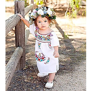 Kashoer Newborn Toddler Baby Girls Ethnic Embroidery Floral Dress Long Sleeve Party Sundress Skirt (6-12Months, White)