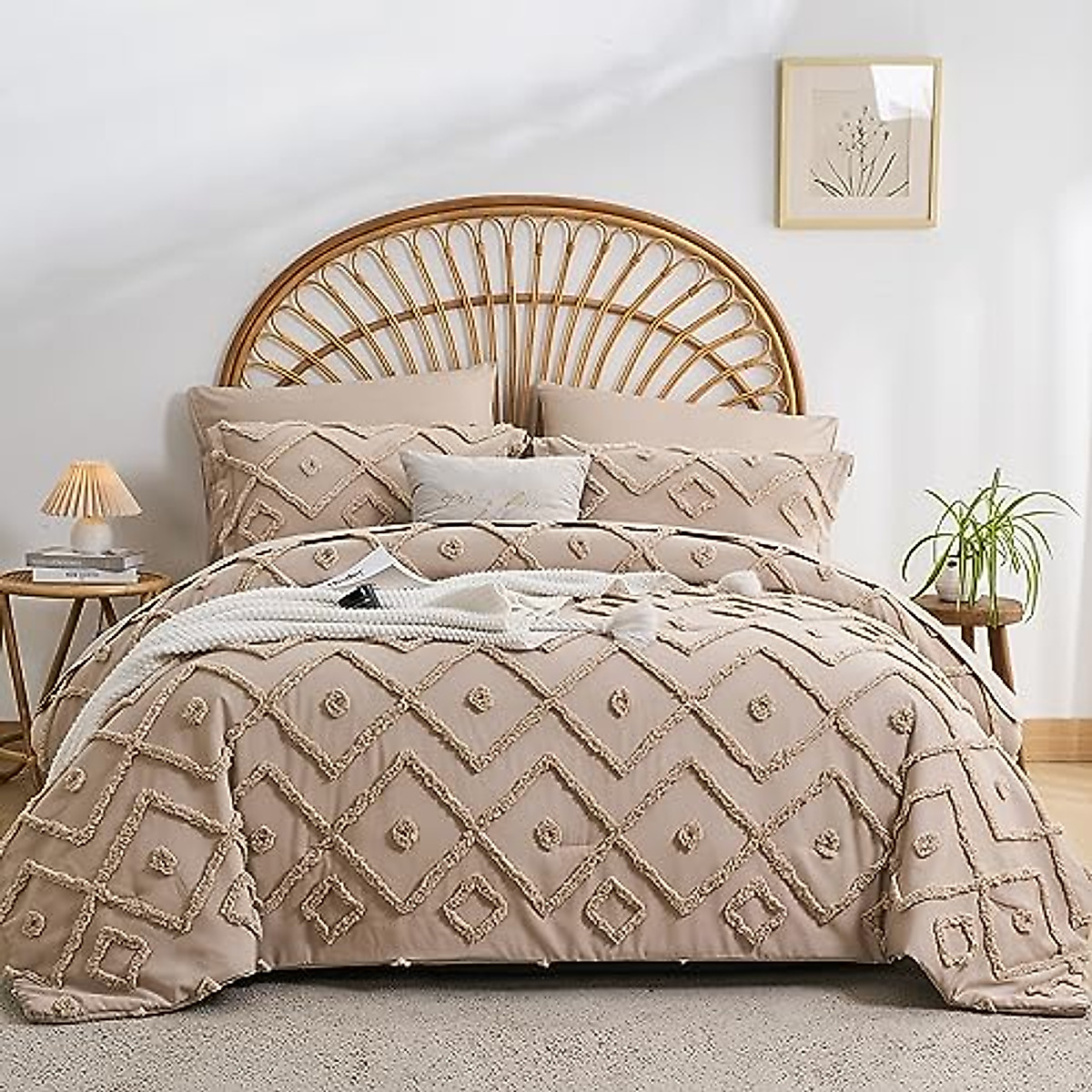 inron Khaki Queen Comforter Set Tufted Bed in a Bag Queen 7 Pieces,Geometry Shabby Chic Boho Comforter and Sheet Set.Jacquard Farmhouse Bedding for All Season(Khaki,90”*90”)