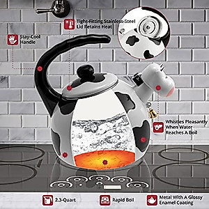 Whistling Tea Kettle for Stove Top Enamel on Steel Teakettle, Supreme Housewares Cow Design Teapot Water Kettle Cute Kitchen Accessories Teteras (2.3 Quart, Cow)