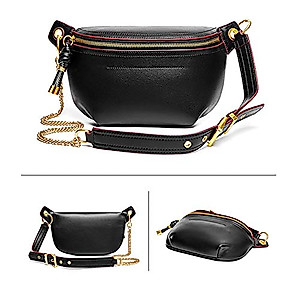 Women Chain Strap Cross-body Bags Genuine Leather Waist Bag with Zipper Closure for Daily (Black)