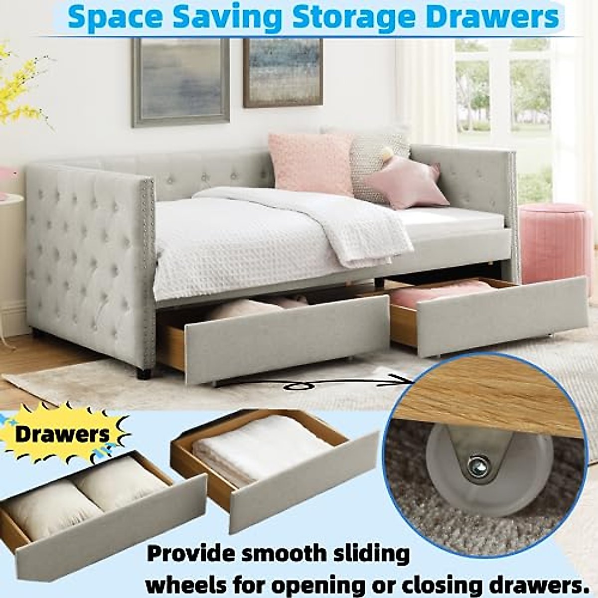 Linuque Upholstered Twin Size Daybed with Two Storage Drawers, Wood Linen Fabric Sofa Bed Frame with Button Tufted Armrest and Nailhead Trimming on Square Arms, Beige