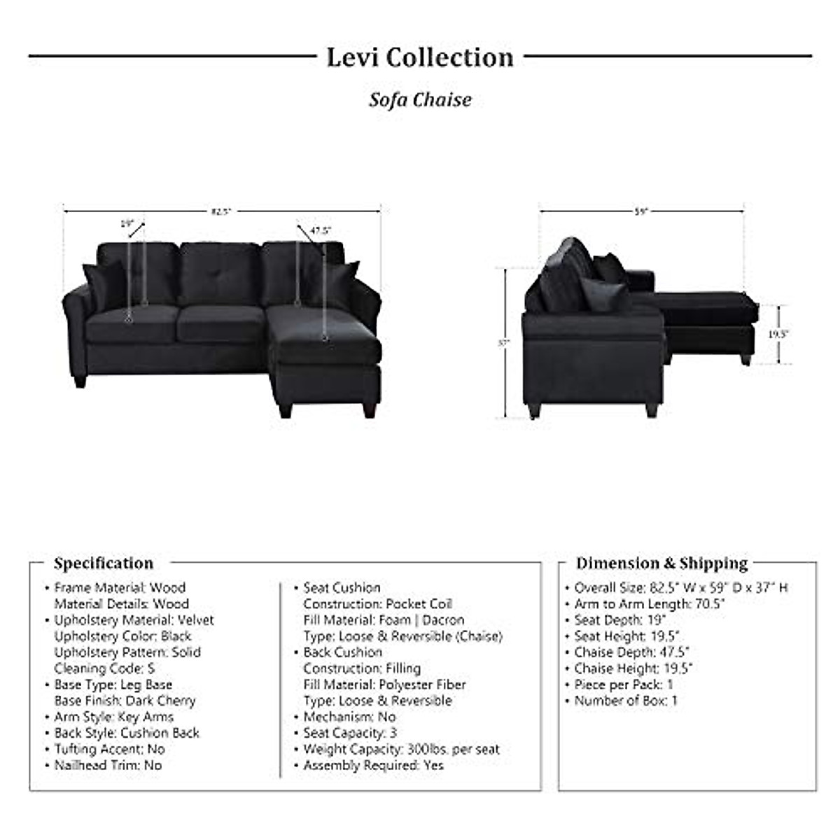 Lexicon Levi Reversible Sofa Chaise, Black