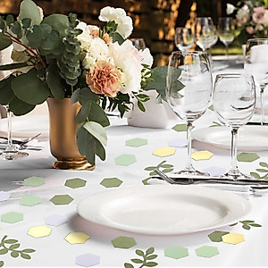 Crtiin 500 Pcs Greenery Gold Eucalyptus Confetti Baby Shower Confetti Hexagon Scatter Boho Scatter Table Decoration for Wedding Bridal Party Classroom Nursery (Tea Green, Sage Green, White, Gold)