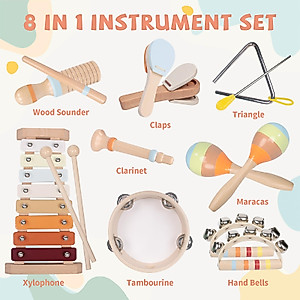 Baby Musical Instruments Set - Montessori Wooden 18 Month Old Baby Musical Toys Toddler Percussion Instruments Xylophone Maracas Tambourine for Kids, 2 3 4 Year Old Girls Boys Easter Birthday Gifts