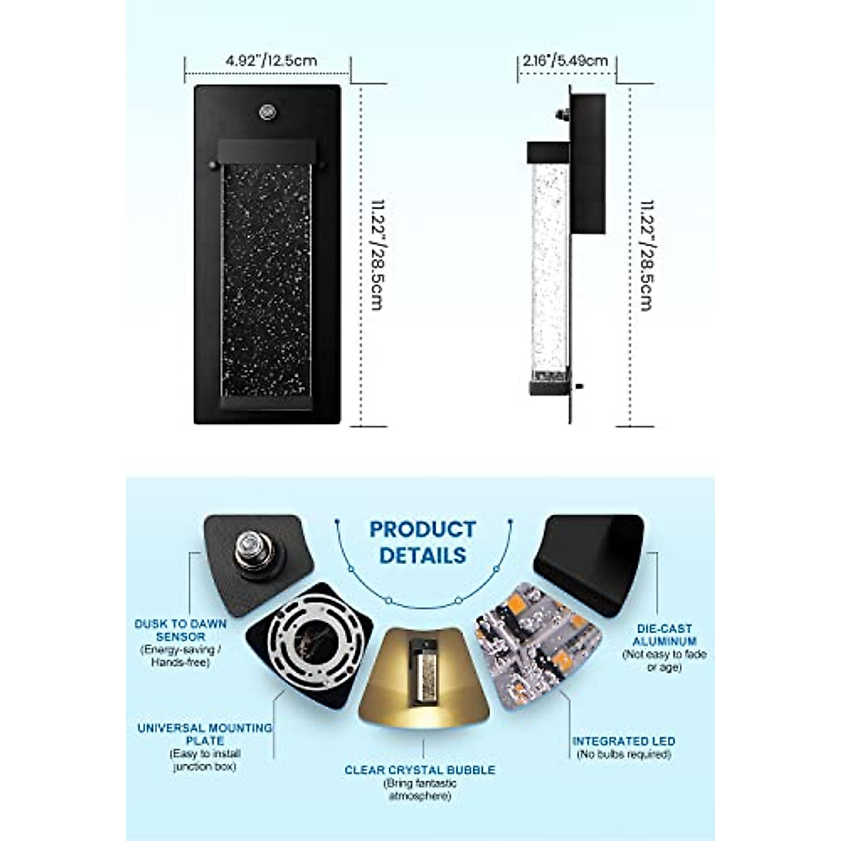 Dusk to Dawn Outdoor Wall Lights Fixture Exterior Porch Lights LED Wall Sconce with Crystal Glass, Waterproof Outdoor Lights for House with Photocell Sensor 12W, 3000K for Garage, Patio(2 Pack)