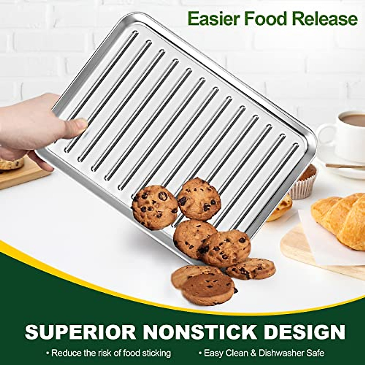 Baking Sheet Set of 3, CEKEE Stainless Steel Cookie Sheet for Baking Baking Pans Set, Jelly Roll Pan/Quarter Sheet Pan/Small Baking Sheet, 9/12/16 Inch, Warp Resistant & Heavy Duty & Easy Clean