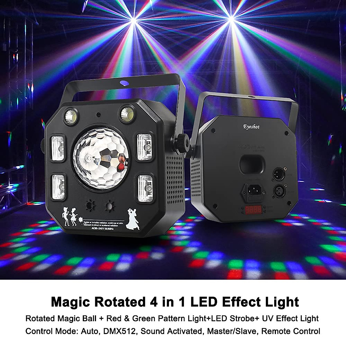Disco Light Party Light, Eyeshot Led DJ Lights 4 in 1 with Magic Kaleidoscope Ball, Led Patterns Strobe Light and Purple UV Light, Great for Stage & dj Lighting, Disco Club Party Church Lights