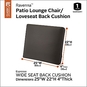 Classic Accessories Ravenna Water-Resistant 25 x 22 x 4 Inch Patio Back Cushion, Espresso, Outdoor Loveseat Cushions