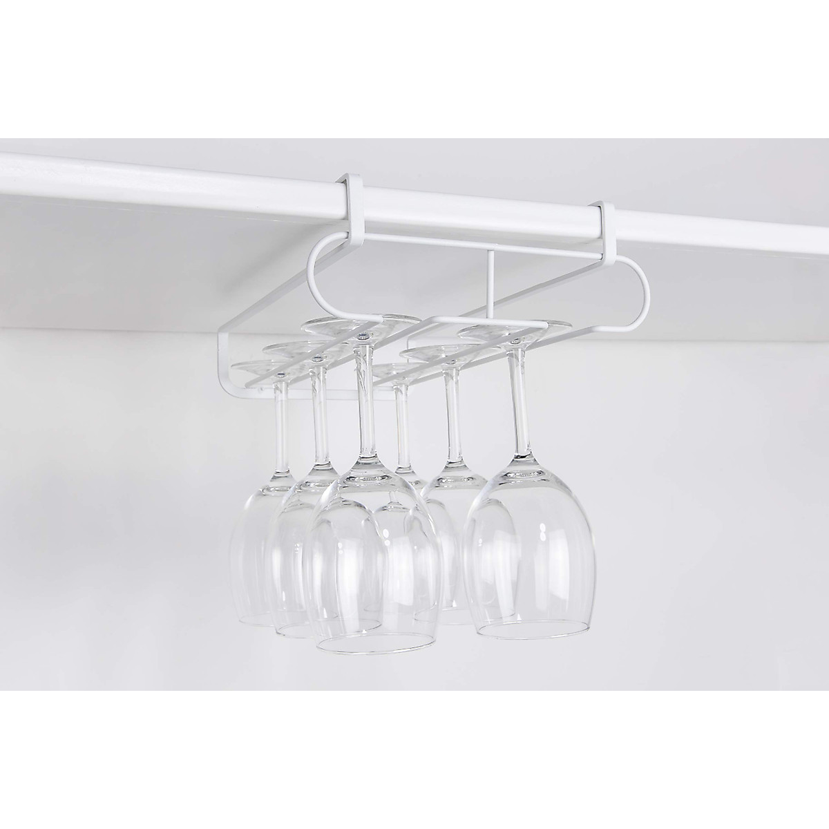 [HomTory] NO DRILLING Nail Free Stemware Wine Glass Metal Hanger Rack Organiser with 4 S-Hooks Combo - Holds Wine Glass, Mug, Utensil, Kitchenware, Stemware for Cabinet, Bar, Shelf, Kitchen