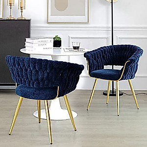 Modern Dining Chairs Chenille Upholstered Dining Chairs with Arms, Knot Woven Living Room Accent Chairs with Gold Metal Legs, Mid-Century Makeup Vanity Chair for Dining Room, Kitchen Bedroom (Blue)