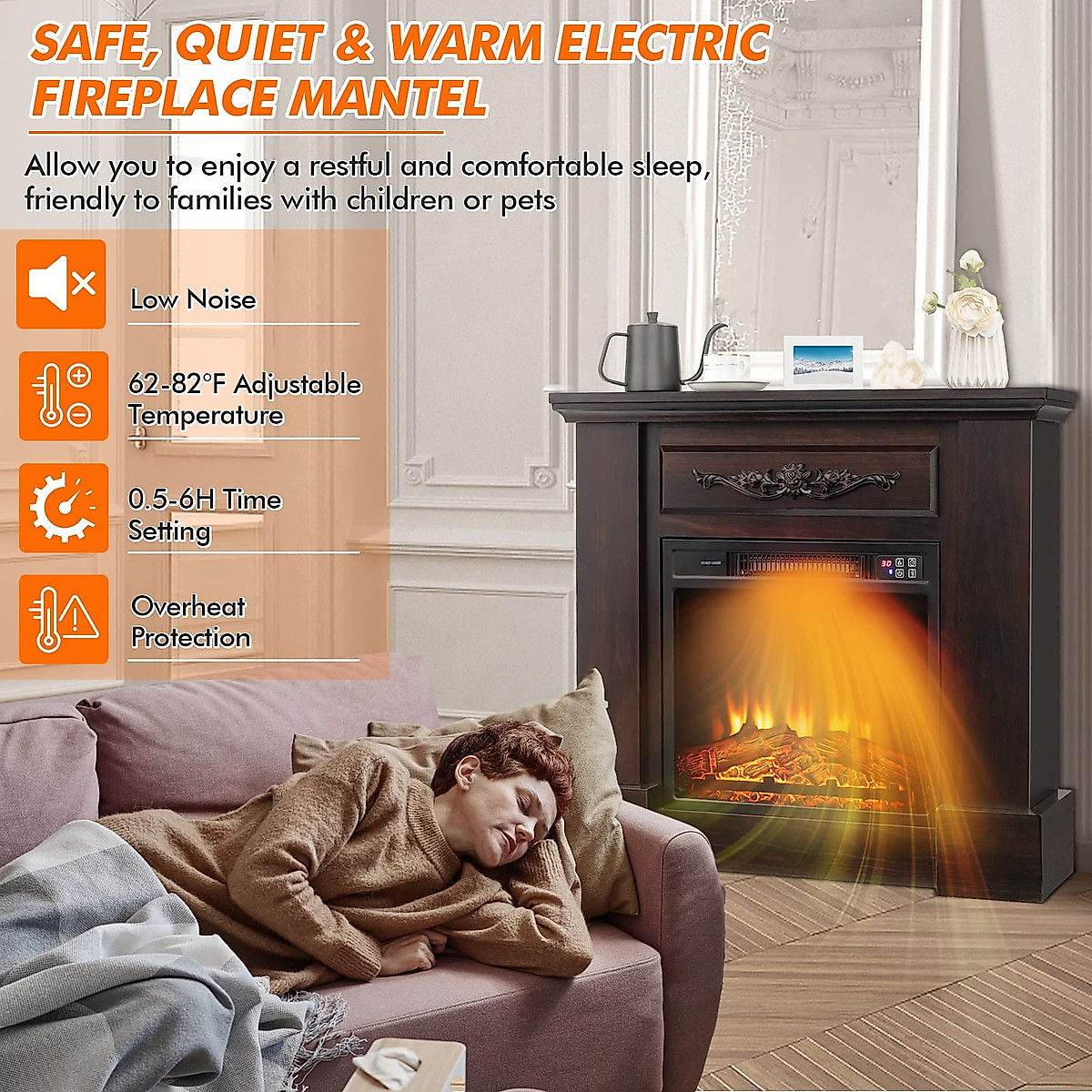 Tangkula 32’’Electric Fireplace with Mantle, Freestanding Fireplace Heater w/ 3D Realistic & Adjustable Flame, Remote Control, Overheat Protection, 1400 W Wooden Fireplace Mantel for Home (Brown)