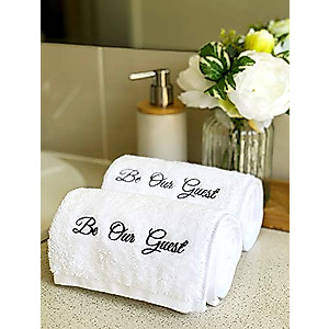 'Be Our Guest' Embroidered White Hand Towels for Bathroom with Gift Box - Set of 2 - Extra Absorbent 100% Cotton Hand Towel Set - 571GSM - 14 x 30 inches - Gifts for Bathroom - Be Our Guest Decor