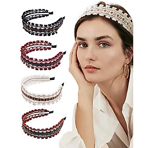 Wide Lace Headband, 4Pcs Boho Floral Hairbands Embroidered Cutout Headbands Elastic Headwrap with Teeth Bohemian Headwear Hard Headbands Hair Accessories for Women Girls and Teens