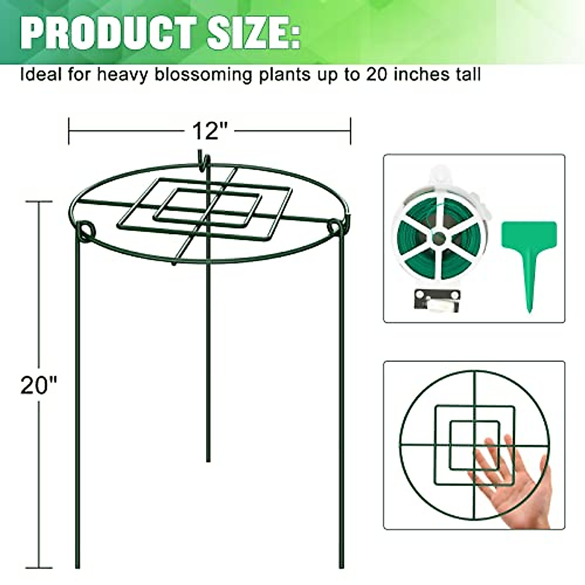 BLIKA 12 x 20 Inch Grow Through Plant Support, Peony Cages and Supports Grow Through Plant Supports Ring Hoop, Plant Brace Flower Support Rings, Pack of 8