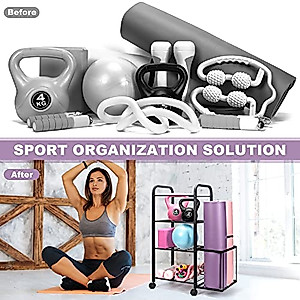 Emfogo Yoga Mat Holder Home Gym Storage Rack Yoga Mat Workout Storage for Foam Roller, Yoga Strap and Resistance Bands, Weight Rack for Dumbbells Workout Equipment Storage Organizer With Wheels