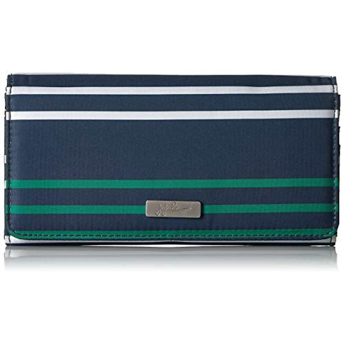 JuJuBe Be Rich Tri-Fold Wallet with Snap Enclosure, Coastal Collection - Providence - Navy/Teal/White Stripes