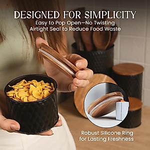 Alasitas 6 Canister Set for the Kitchen Countertop – Galvanized Metal Food Storage Canisters with Airtight Lids for Flour, Tea, Crafts, Coffee, & Sugar – Container Set with Modern Wood Lids, Black