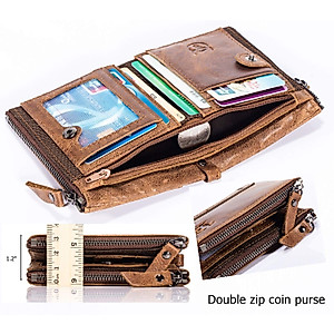 BULLCAPTAIN Genuine Leather Wallet for Men Vintage Bifold with Double Zipper Pockets (Brown)