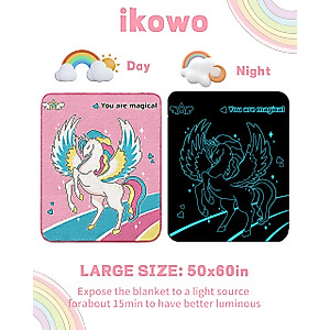 Ikowo Glow in The Dark Unicorn Blanket, Unicorn Gifts for 2 3 4 5 6 7 8 9 10 Year Old Girl, Soft Pink Unicorn Throw Blanket Birthday Easter Toys for Girls Age 6-8, 50'' x 60''