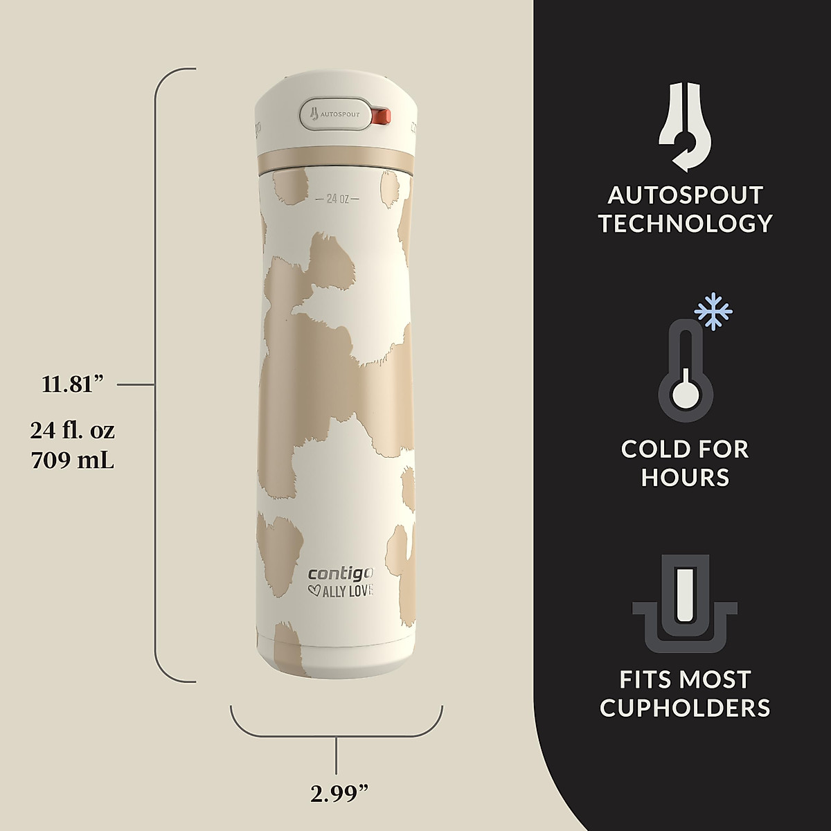 Contigo x Ally Love Stainless Steel Vacuum-Insulated Water Bottle with AUTOSPOUT Easy-Clean Lid, Leak-proof Drinking, Keeps drinks cold for 24 hours, BPA-Free, 24oz., Ashland Chill 2.0, Oatmilk