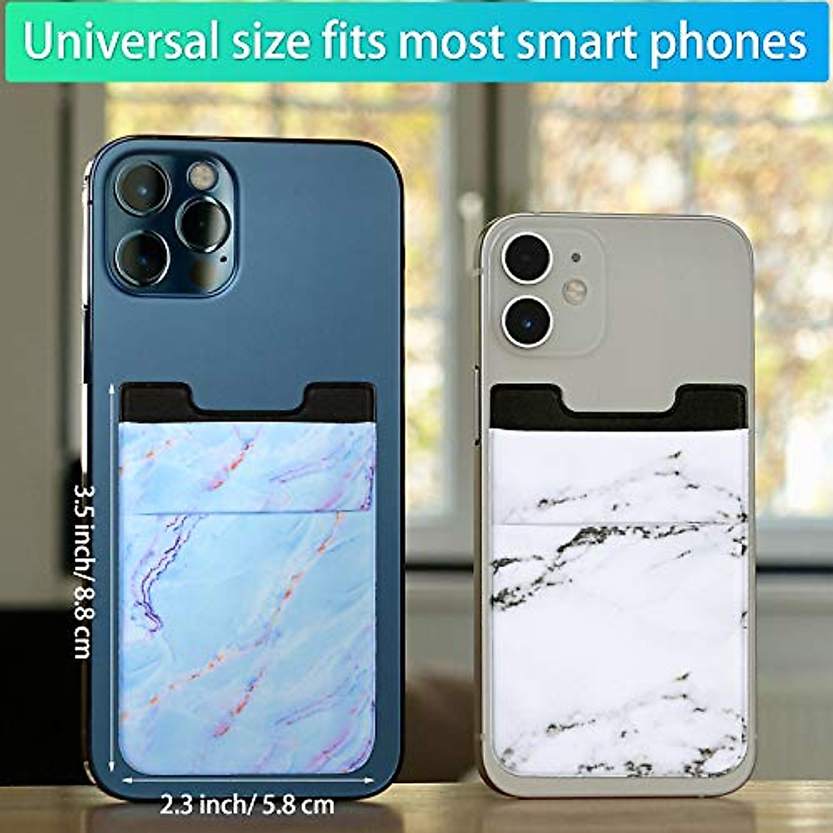 Weewooday 6 Pieces Phone Card Pocket Holder Stretchy Spandex Wallet Pocket Marble Pattern Double Pouch Credit Card ID Case Pouch Sleeve Adhesive Sticker Phone Wallet Pocket for Most Smartphones