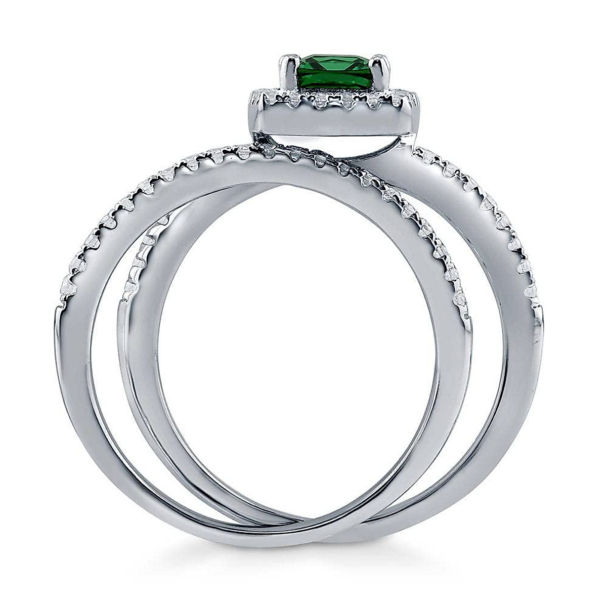 BERRICLE Sterling Silver Halo Wedding Engagement Rings Simulated Emerald Cushion Cut Cubic Zirconia CZ Ring Set for Women, Rhodium Plated Size 6