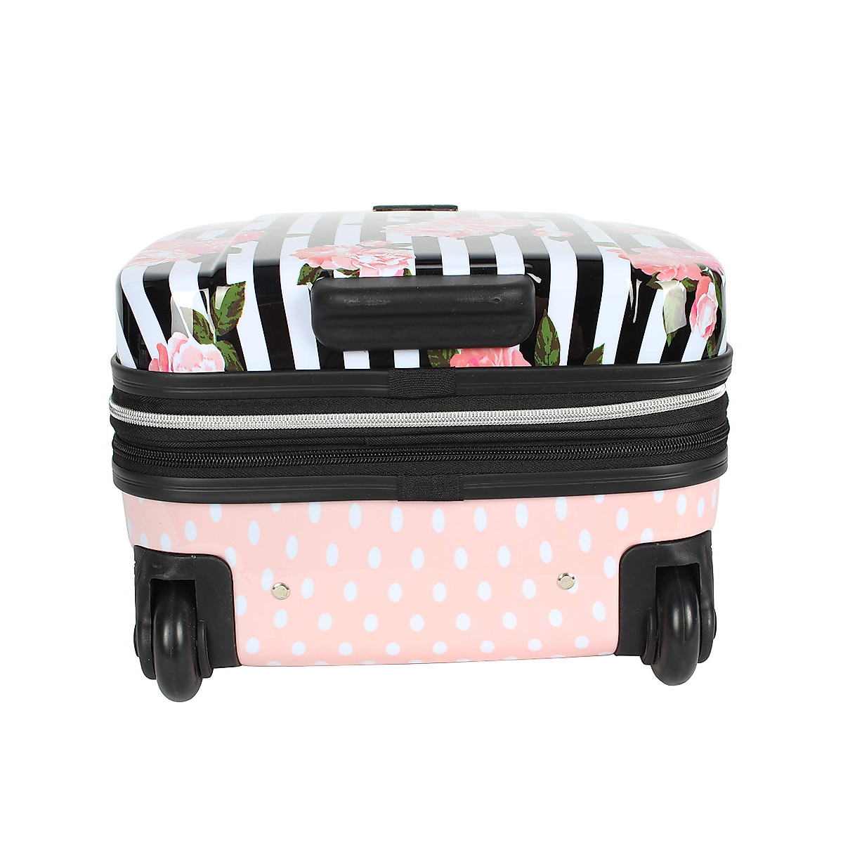 Betsey Johnson Designer Underseat Luggage Collection - 15 Inch Hardside Carry On Suitcase for Women- Lightweight Under Seat Bag with 2-Rolling Wheels (Stripe Roses)