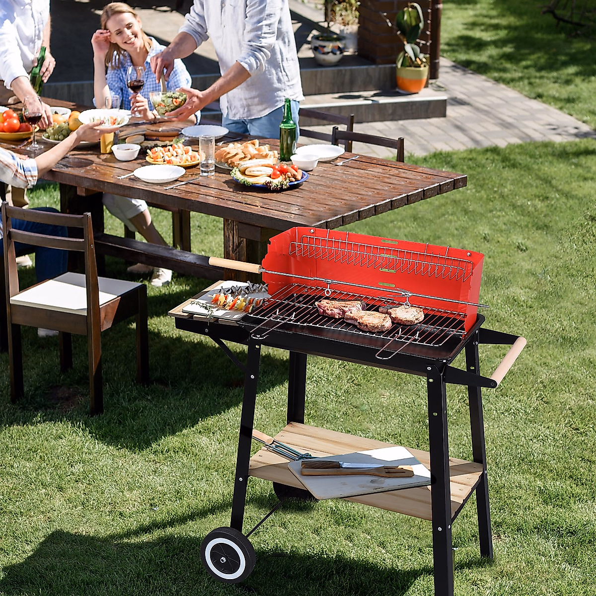 Charcoal Grill Outdoor With Side Tables, Barbecue Grill Backyard Griller Party Bbq Picnic Patio Cooking Charcoal Bbq for Wedding Gift 33.46"L x 16.54"W x33.86"H
