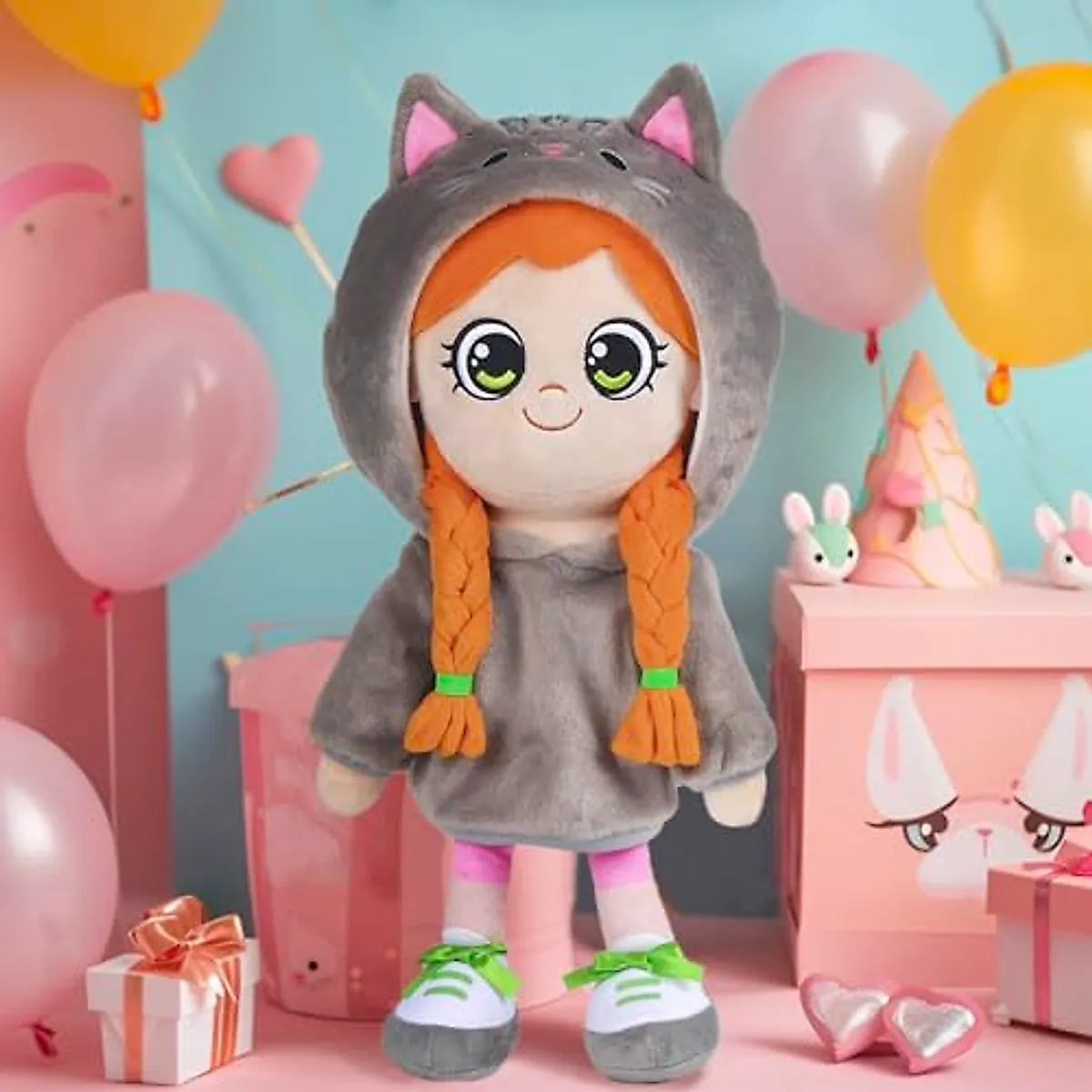 17" Soft Baby Doll Toys, My First Baby Doll with Grey Cute Kitten Character Hoodie Cloth, Soft Stuffed Rag Dolls for Toddler Kids Infants