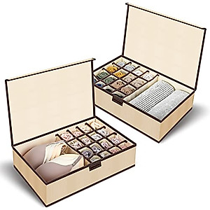 COSIFO 2PC Sock Bra Organizer Divider with Lid, 17 Cells Fabric Divider Underwear Drawer Organizer, Foldable Closet Storage Boxes Case for Socks, Bras, Ties, Towels, Scarves, Beige