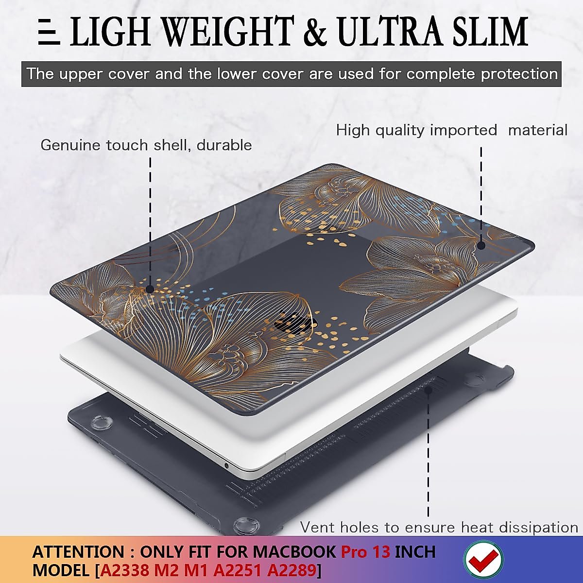 CISSOOK for MacBook Pro 13 inch Case 2023 2022-2020 Release Model A2338 M1 M2 A2289 A2251 with Touch Bar, Plastic Hard Shell Case & Keyboard Cover & Screen Protector for Pro 13, Gorgeous Gold Floral