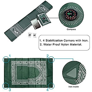 Hitopin Travel Prayer Mat, 60cm*100cm Praying Rug, Portable Polyester Prayer Rug with Compass, Islamic Waterproof Prayer Mat, Muslim Prayer Mat, for Ramadan Gifts, Islamic Prayer (Green)