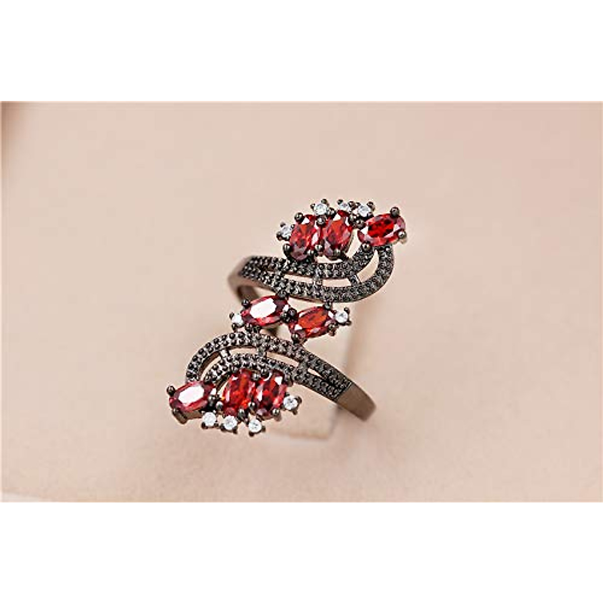 Uloveido Black Plated Wide Flower Ring with Red CZ Stones Created Ruby Diamond Unique Wedding Engagement Promise Jewelry (Red, Size 8) J656