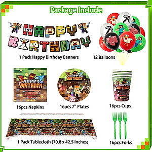 Nifasniy Birthday Party Supplies Decorations Favors Kit for Boys,Banner Plates Napkins Cups Tablecloth Balloons Forks Party Decor（Pixel）