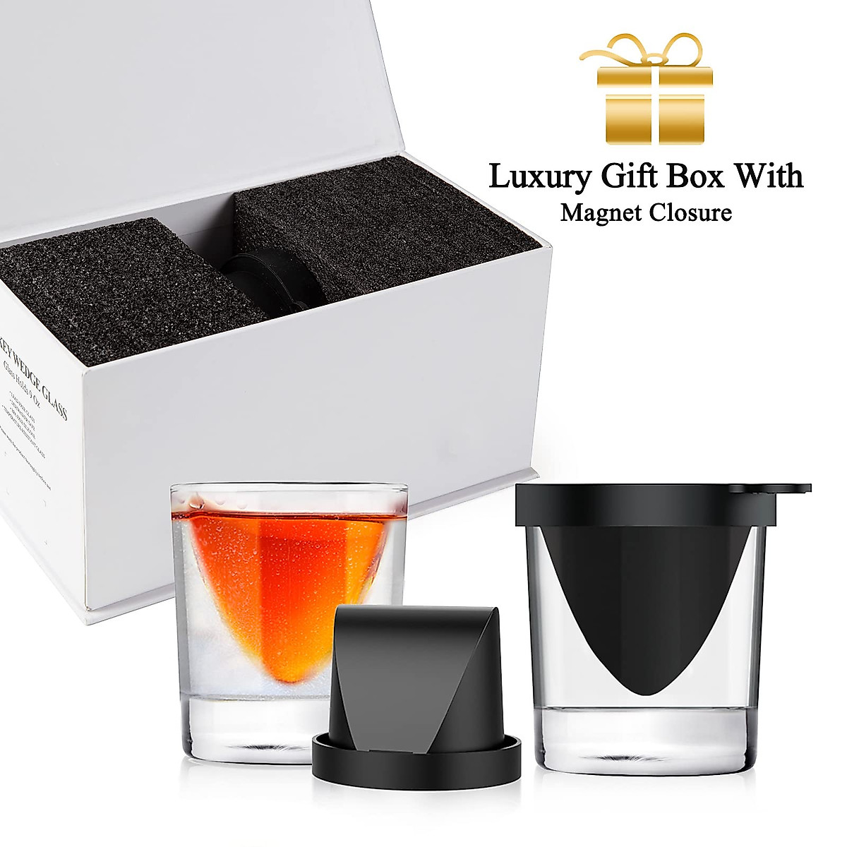 Kollea Gifts for Men Dad, Set of 2 Whiskey Wedge Glasses with Silicone Ice Mold, Old Fashioned 2 Whiskey Glasses with Ice Form, Whiskey Lovers for Valentine's Day, Birthday, Anniversary - 9 Oz