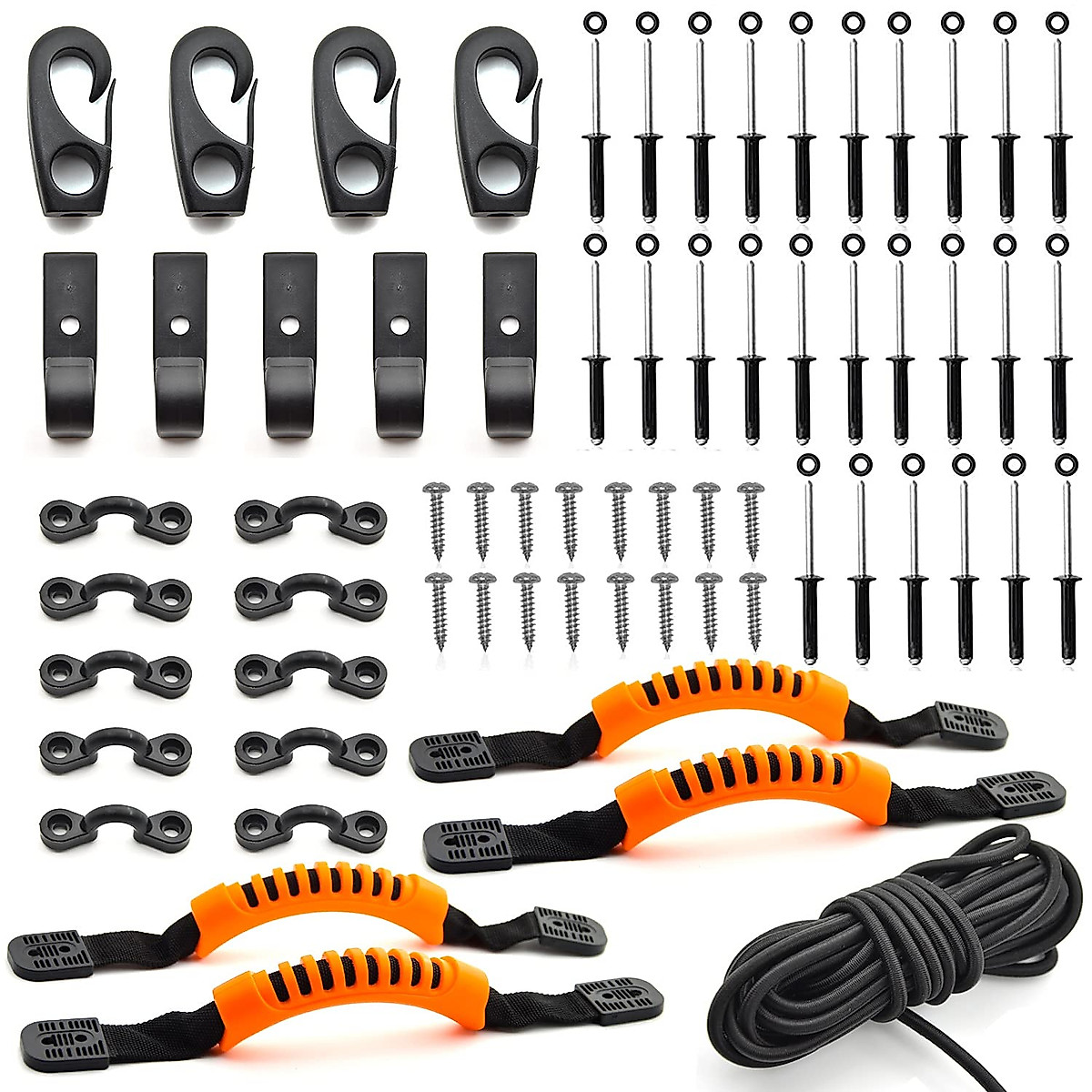 Kayak Carry Handle Rigging Kit - 4 Pcs Kayak Canoe Carry Handles with Rivet Pad Eyes & J - Hooks, 15 FT 6mm Elastic Bungee Cord Replacement Parts for Kayaks Canoes Boat Suitcase (Orange)