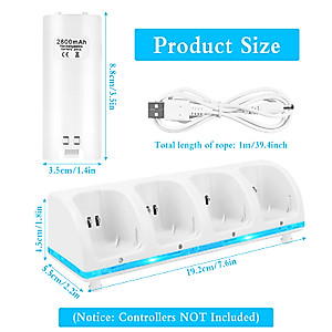 Kulannder Wii Remote Charging Station, 4-in-1 Controller Charger Station with 4 Wii Rechargeable Battery Pack & USB Cable for Wii/Wii U Controller Remote (White)