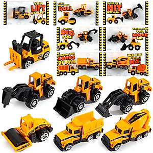 JOYIN 28 Pack Valentines Party Gift Cards with Mini Construction Vehicle Toy Set for Kids Valentine's Classroom Exchange Prizes Valentine Party Favor Toys Including Dump Truck, Excavator and More