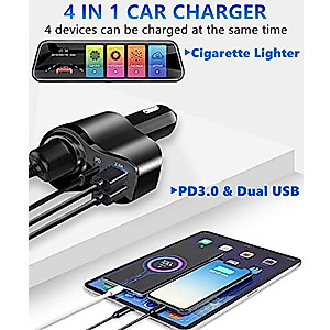 4 in 1 USB C Car Charger, 48W Multi USB Cigarette Lighter Adapter, Socket Splitter with 3 USB Ports, 12V/24V Dual USB Type C PD Fast Car Charger Adapter for iPhone 14/13/12/11,iPad,Samsung,LG,GPS