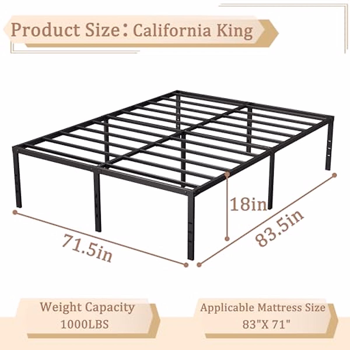 Besebay California King Bed Frame 18 Inch Heavy Duty Metal Frames with Steel Slats Support Ample Storage No Box Spring Needed, Easy Assembly, Noise Free, Black