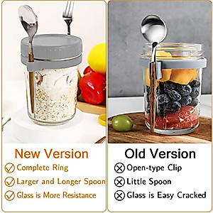 ZCXQM Overnight Oats Containers with Spoon and Fork, 2 Pack 10 oz Mason Jars with Lids for Overnight Oats, Breakfast On the Go Cups Reusable for Milk, Cereal, Fruit(Grey)