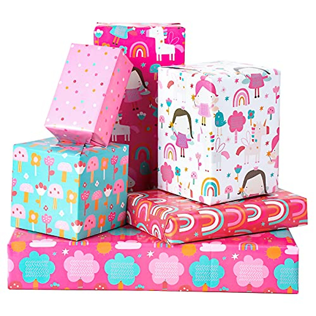 MAYPLUSS Wrapping Paper Large Sheet - Folded Flat - 6 Different Pink Girl Design (45.2 sq. ft.ttl.) - 27.5 inch X 39.4 inch Per Sheet
