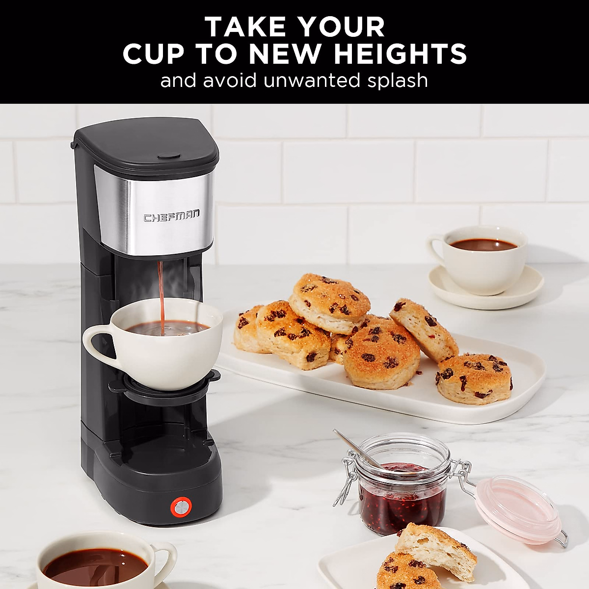 Chefman InstaCoffee Max, The Easiest Way to Brew the Boldest Single-Serve Coffee, Use Fresh And Flavorful Grounds or K-Cups With A Convenient Built-In Lift, Black/Stainless Steel