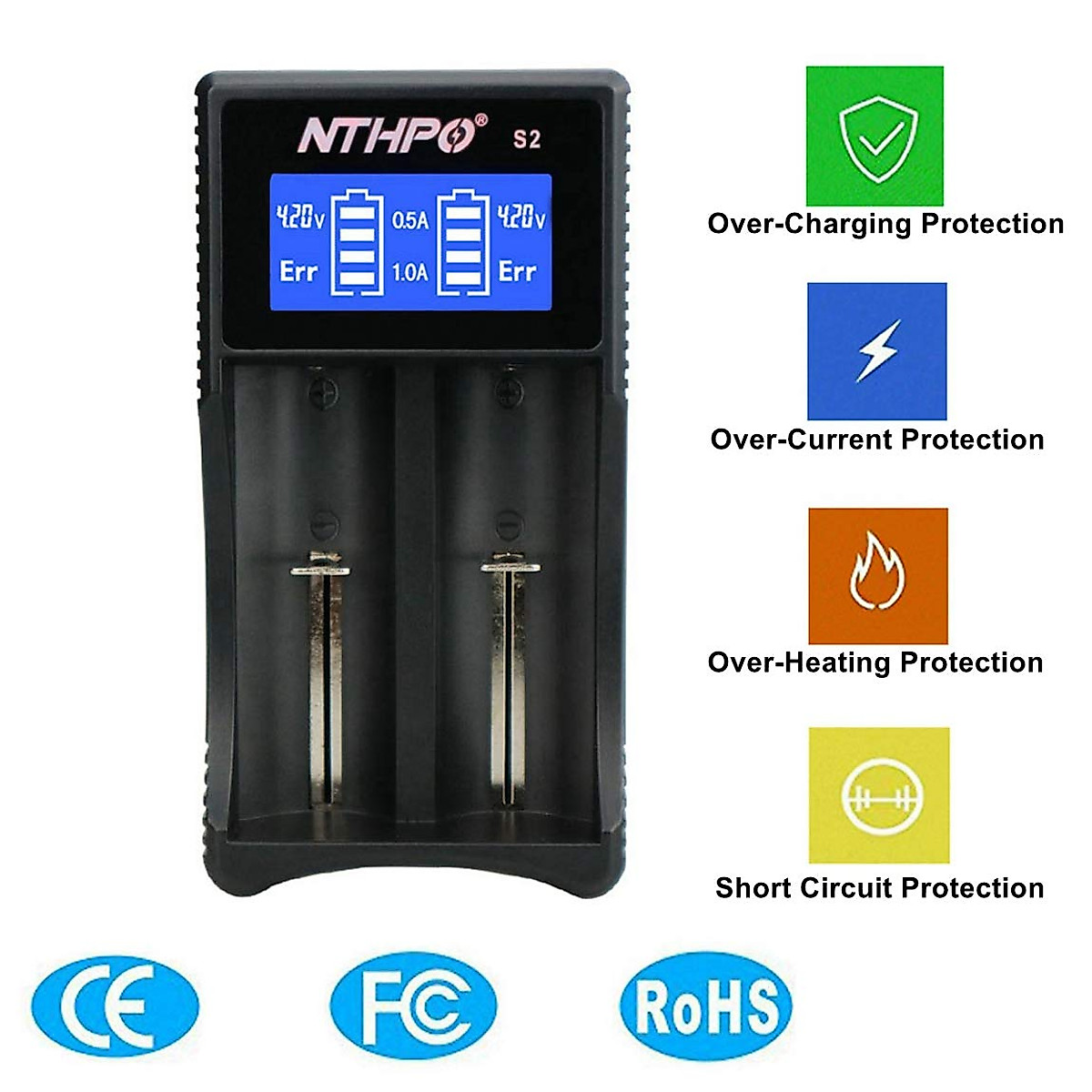 NTHPO Universal Battery Charger S2 LCD Display Smart Intelligent Charger for Rechargeable Li-ion Batteries 26650 22650 18650 18490 18350 17670 17500 16340(RCR123) 14500 10440 Ni-MH Ni-CD AA AAA