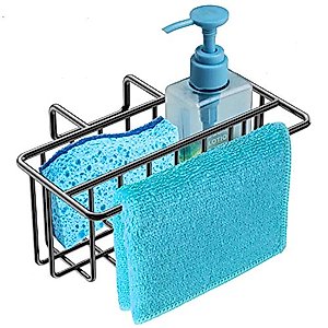 JOFUYU [Upgraded] Sponge Holder for Kitchen Sink, 2-in-1 Sink Caddy, Sponge + Dish Towel, Hanging Kitchen Organizer Rack, SUS304 Stainless Steel - Black