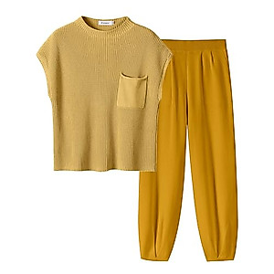 ANRABESS Women's Two Piece Outfits Knit Sweater Vest Crop Top Pants Lounge Matching Tracksuit Sweatsuit Travel Clothes Sets Yellow Large