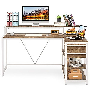 LITTLE TREE 55" L-Shaped Computer Desk, Reversible Home Office Desk with File Drawers and Monitor Stand, Gaming Desk Writing Study Table Workstation