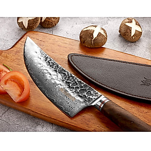 YOUSUNLONG Cleaver Knife 8 Inch（205mm） Butcher Knife Japanese Hammered Damascus Steel Natural Walnut Wooden Handle with Leather Sheath