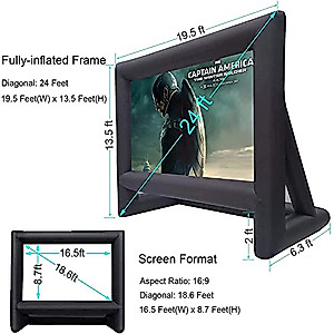QILEBA 24 Feet Inflatable Outdoor Indoor Projector Movie Screen, Portable Blow Up Cinema Projection Screen, with Air Blower, Tie-Downs and Storage Bag, for Backyard Pool Party Movie Nights